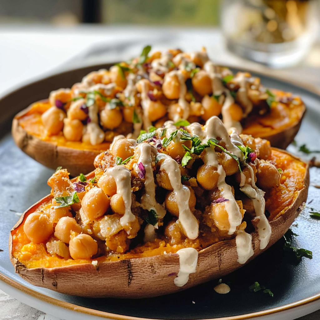 Loaded Sweet Potatoes with Chickpeas and Tahini Drizzle